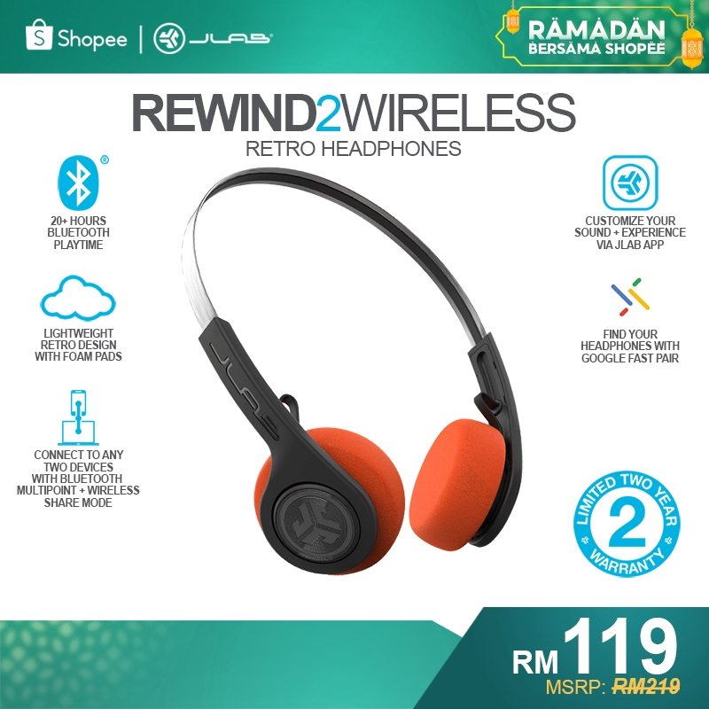 JLab Rewind 2 Wireless Retro Headphones, 20Hrs Playtimes, Ultra Light ...