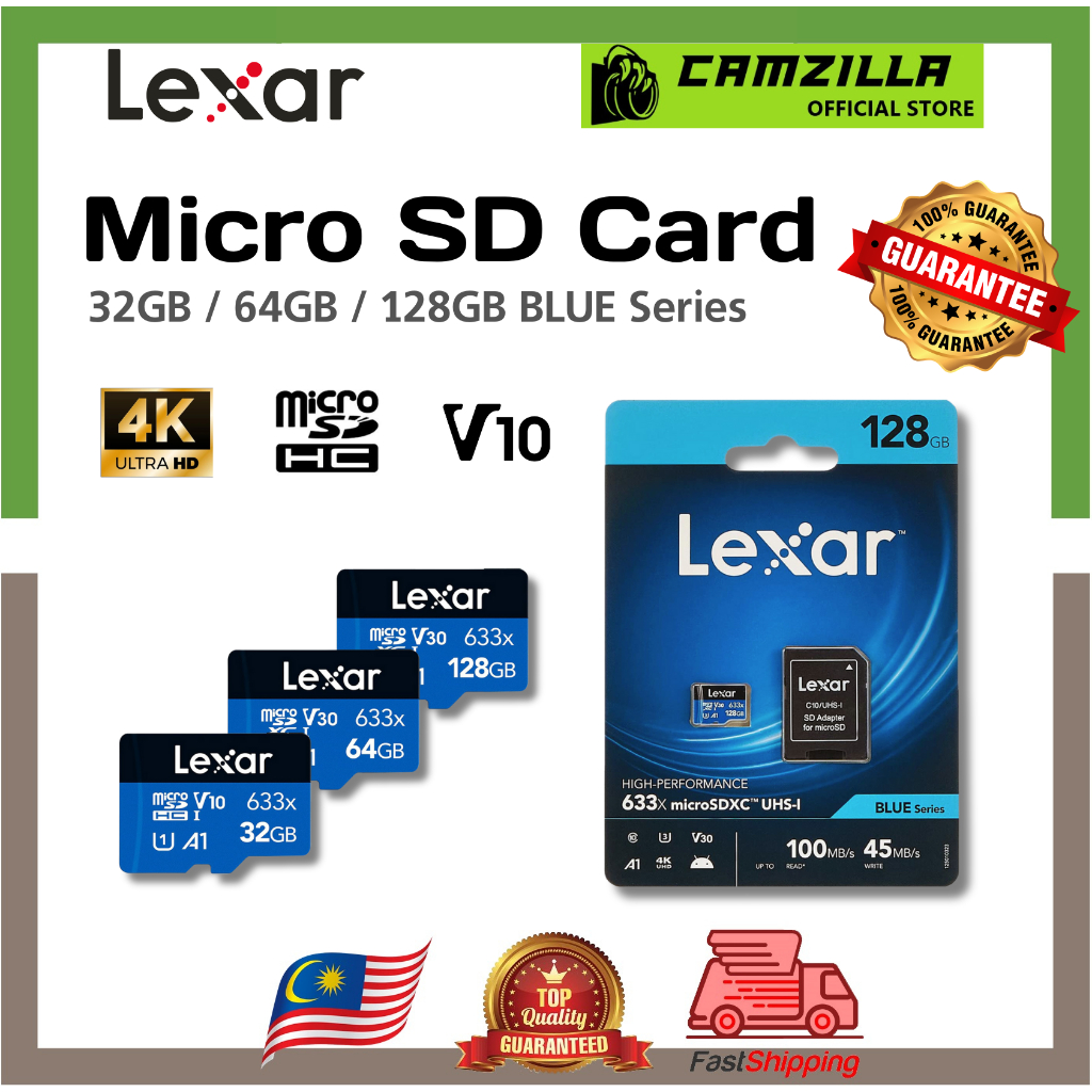 100% ORIGINAL - Lexar 128GB 64GB 32GB MicroSD 100MB/s Micro SD 633x UHS-I Memory Card FREE SD ...
