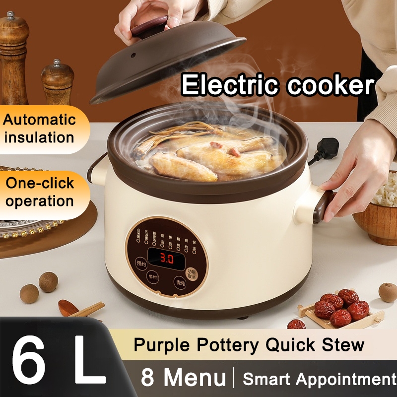 6LAutomatic electric stew pot household soup pot purple clay stew pot ...