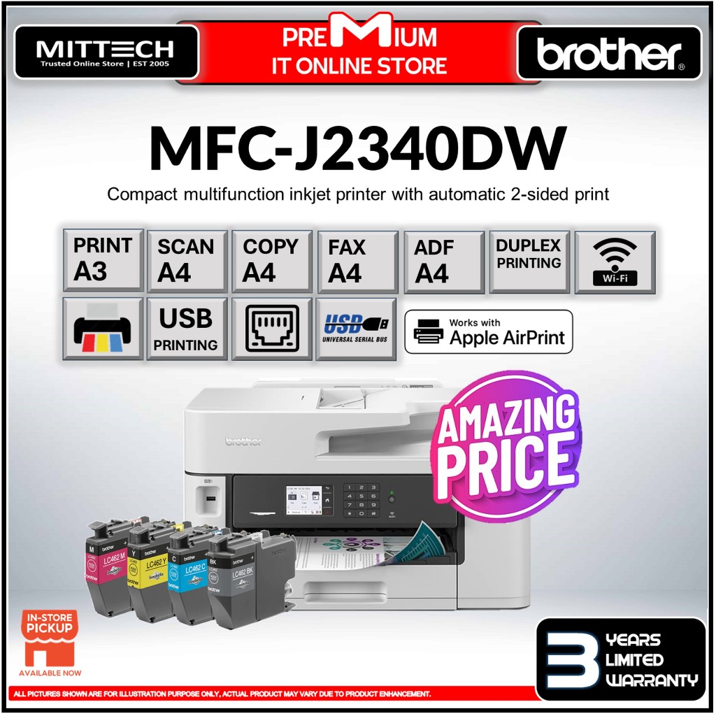 Brother Color Inkjet Printer A3 A4 4in1 Wireless MFC-J2340DW | ADF ...