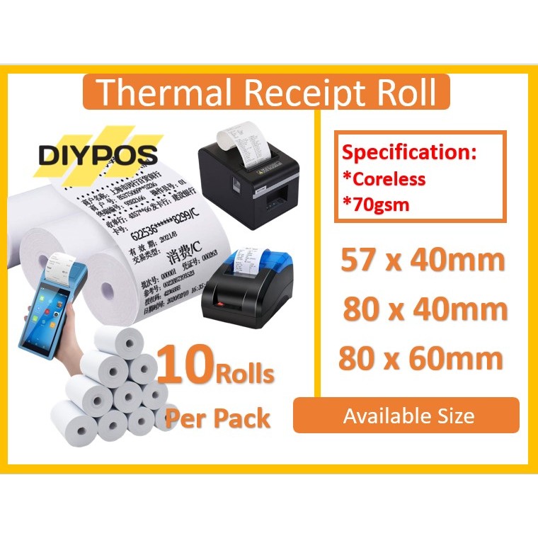 10 Biji Thermal Paper Roll Kertas Resit Receipt Paper Coreless POS Grab ...