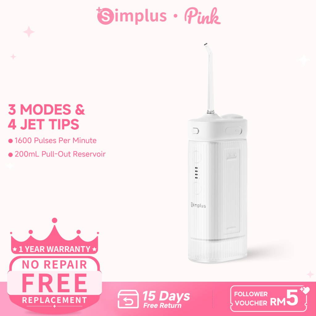 【Simplus Pink】Water Flosser Cordless Rechargeable Travel Portable 3 Modes 4 Nozzle Tips 200mL ...
