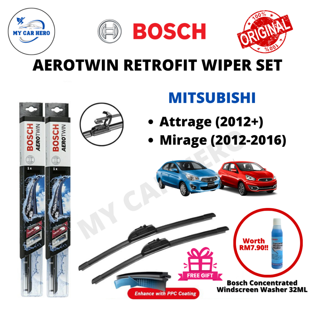 BOSCH Aerotwin Retrofit U Hook Wiper Set for Mitsubishi Attrage (2012+) / Mirage (2012-2016) (21 ...