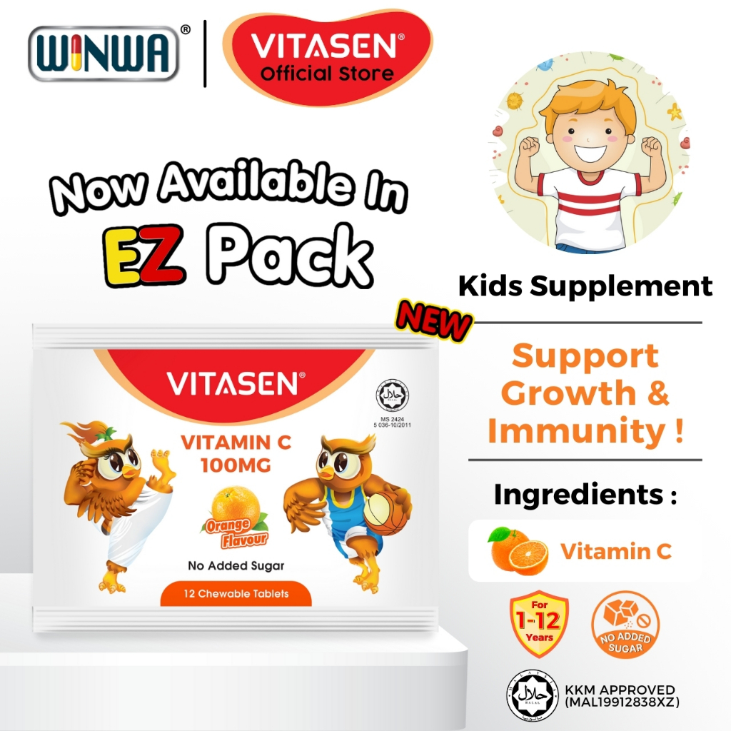 VITASEN Vitamin C 100mg Chewable Tablet (12's)(Orange) Sachet - For ...