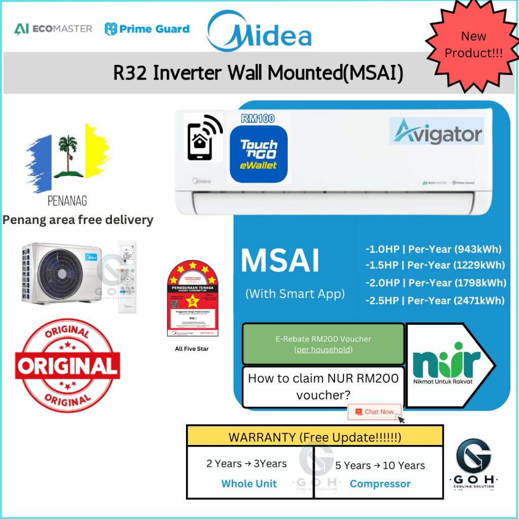 Midea R32 Inverter Air Conditioner MSAI-All 5 Star(MSAI-CRFN8) MSCE 4_5-Star(MSCE-CRFN8)(Penang ...