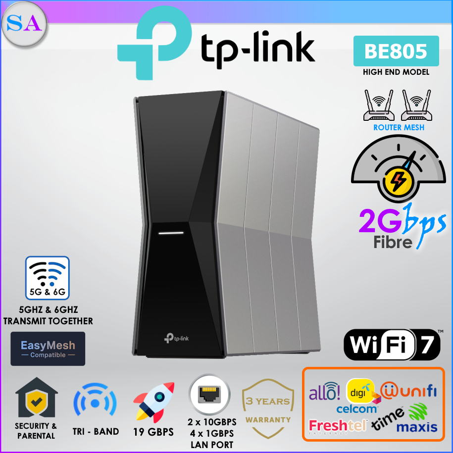 TP-Link Archer BE805 BE19000 WiFi 7 Wireless Tri Band EasyMesh Gigabit ...