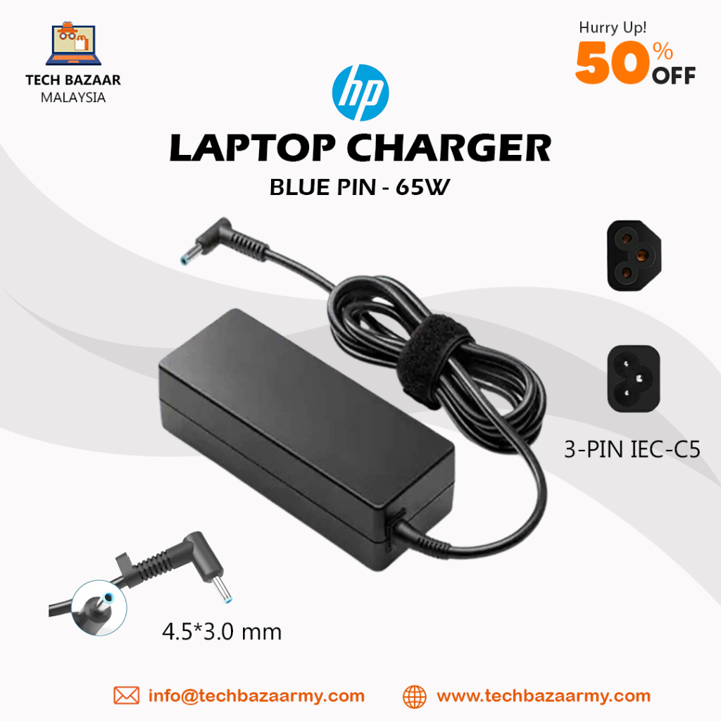HP Blue Pin 65W Laptop Charger | 4.5mm x 3.0mm | 3-Pin IEC-C5 Plug ...
