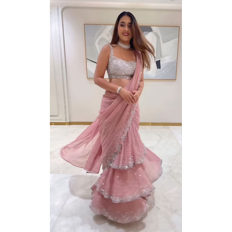 Lehenga Saree Fabric: Foux Georgette Multi Thread Embroidery Sequence With 3 Layer Ruffle With ...