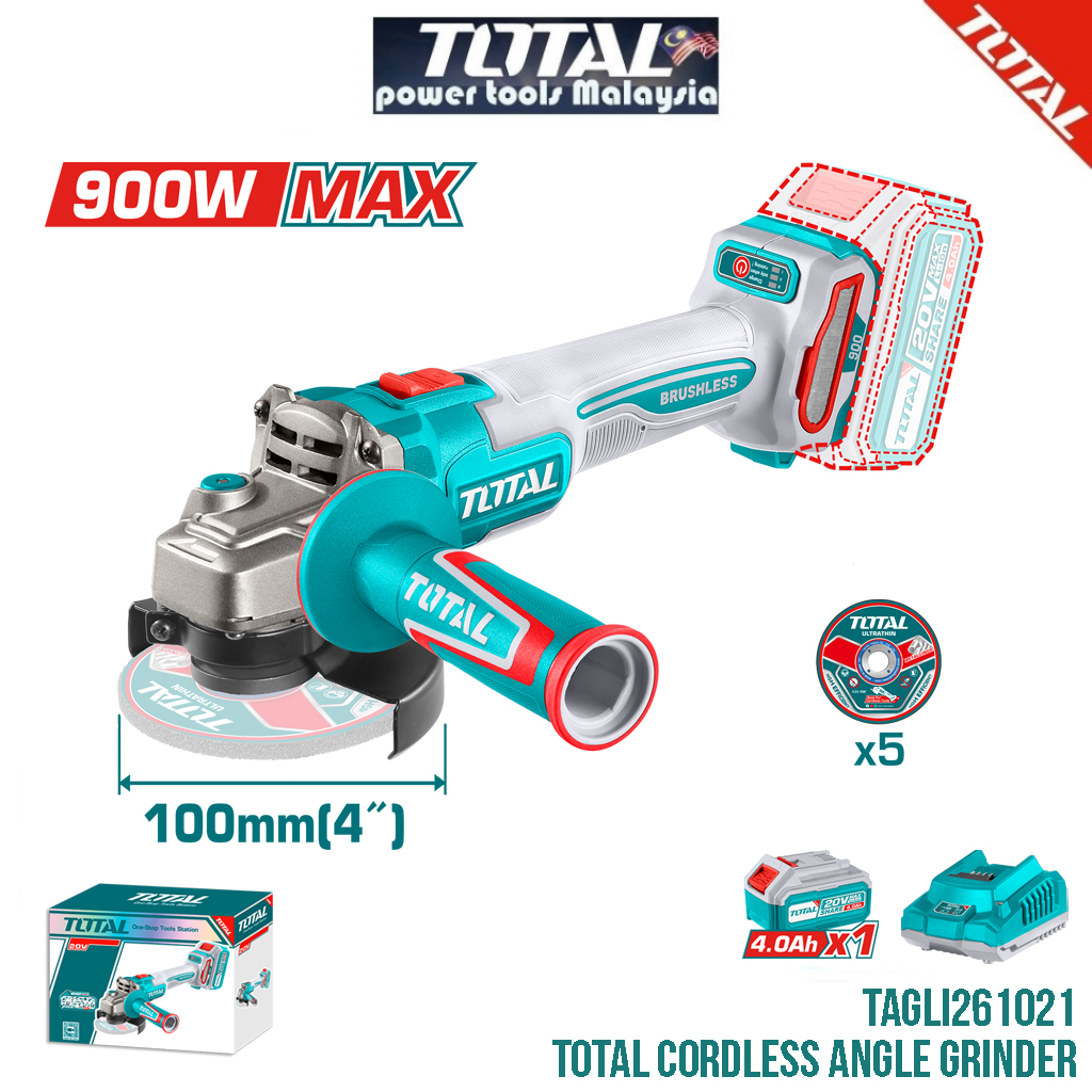 TOTAL Li-ion Angle Grinder (4"/20V) Brushless Motor, M10 Spindle Thread ...