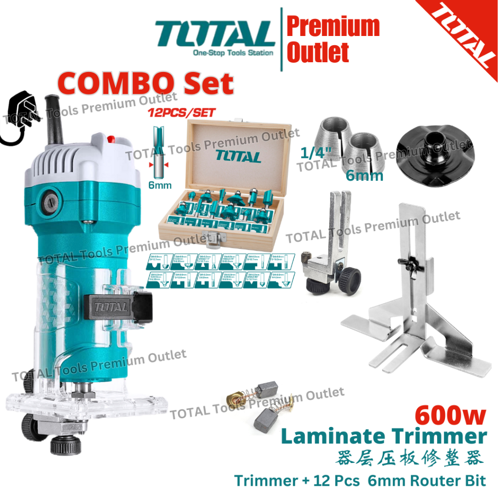 TOTAL Tools Corded 600W Laminate trimmer 6mm/1/4" with extra 1 set ...