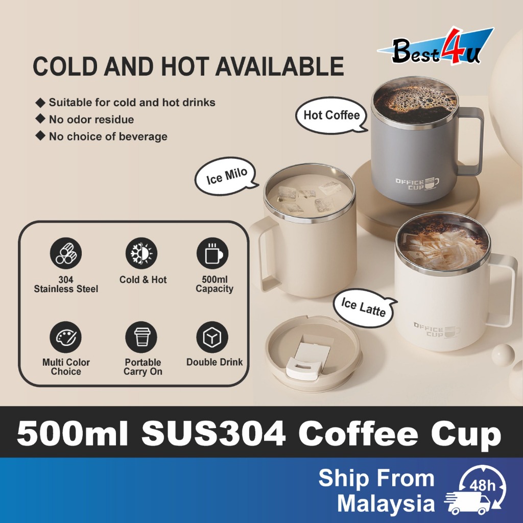 BEST4U 500ml SUS304 Coffee Cup with Cover & Handle | Reusable Drinking ...