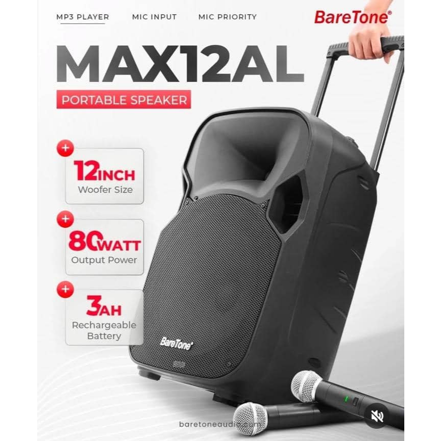 Baretone MAX12AL / MAX-12AL 12" Portable Speaker with Two UHF Wireless ...
