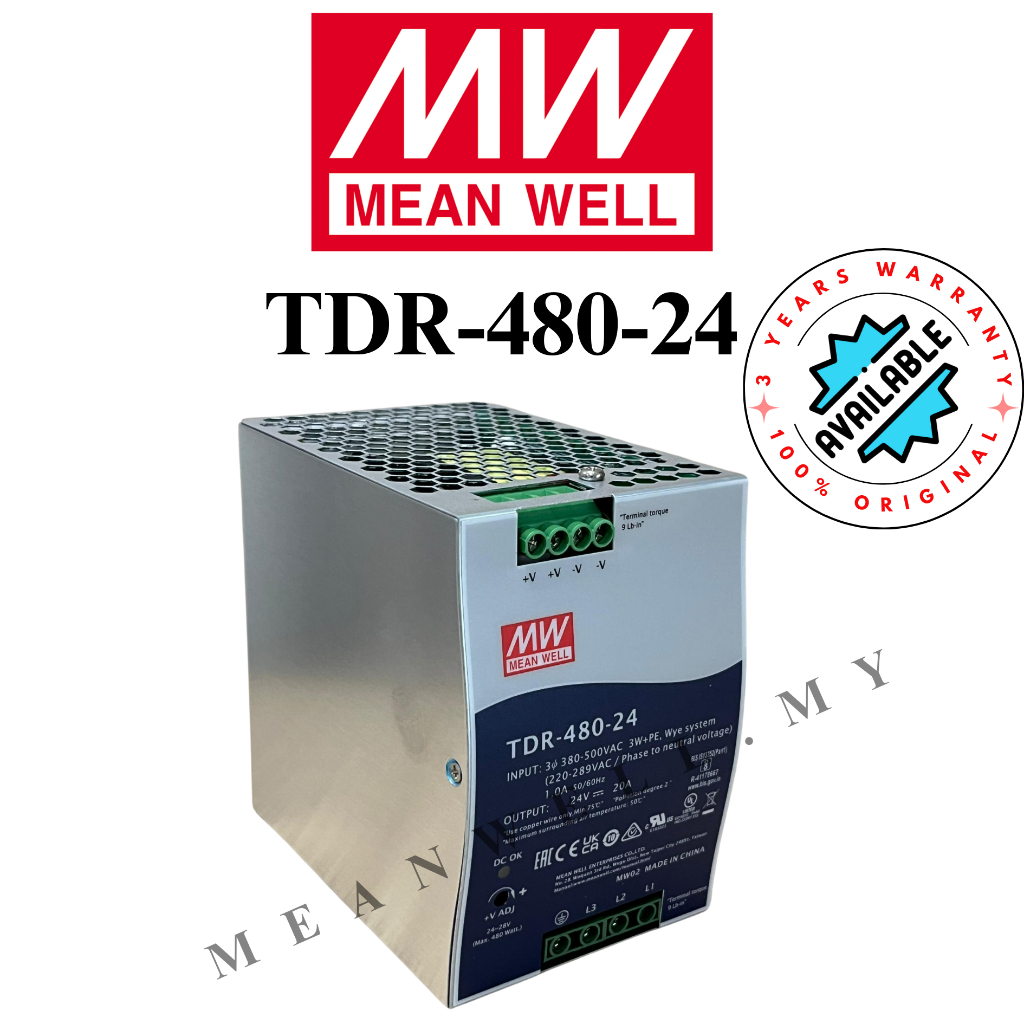 Mean Well TDR-480-24 480W 24V 20A Three Phase Industrial DIN RAILL Power Supply with PFC ...