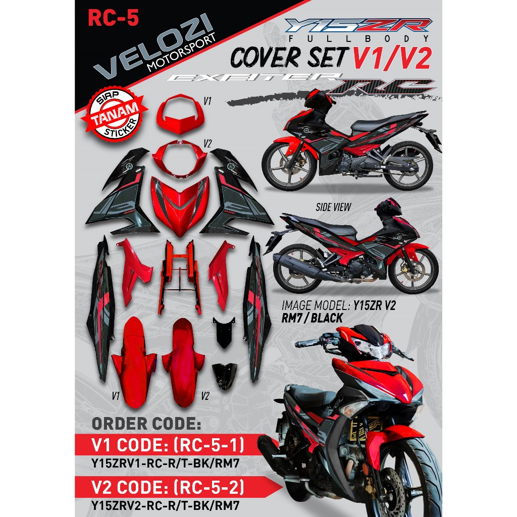COVERSET YAMAHA Y15 ZR V1 / V2 DESIGN EXCITER RC RED RM7/BLACK RC5-1 ...