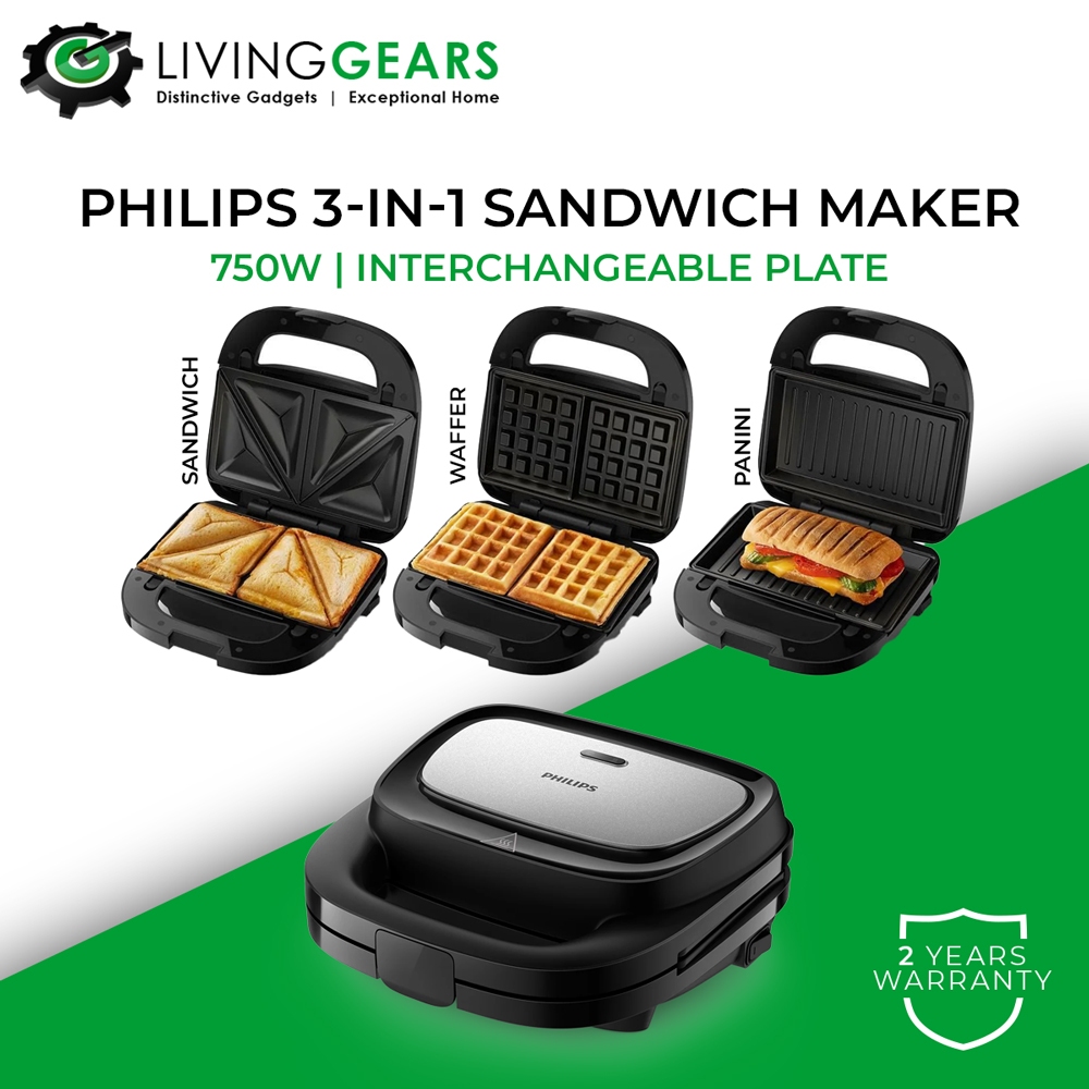 Philips Interchangeable Plate Maker Panini / Waffle / Sandwich 750W ...