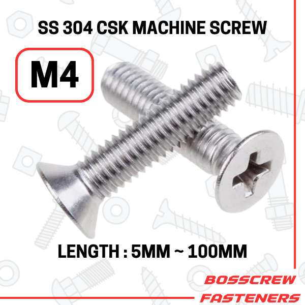 SS 304 CSK Machine Screw m4 x (5mm ~ 100mm) (Pitch 0.7mm) (Coarse ...