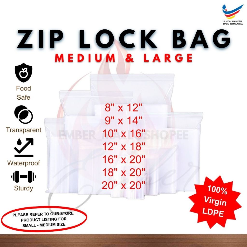 Ziplock Bag Transparent Self Sealing Zipper Bag ( Medium/Large ) LDPE ...
