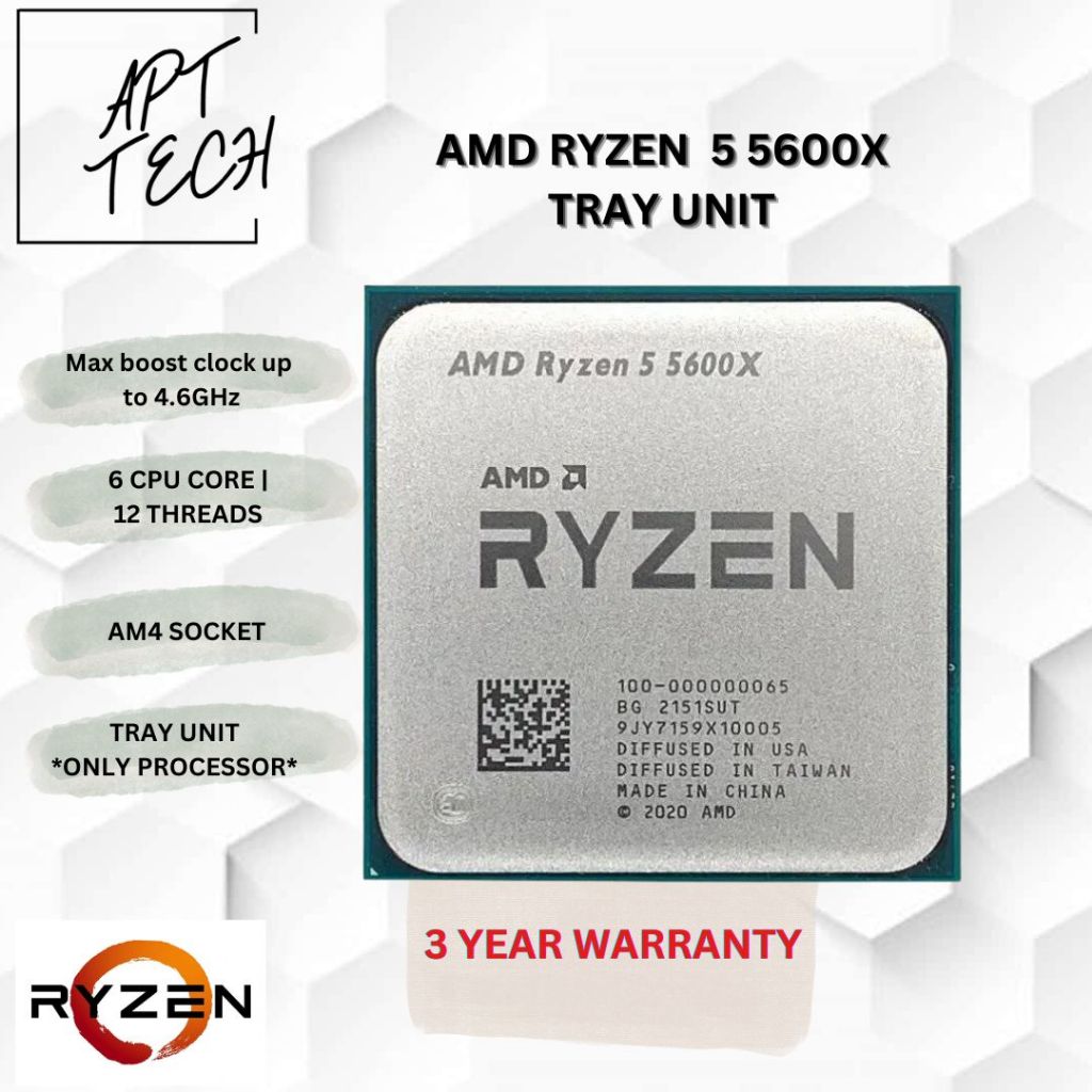 APTTECH AMD RYZEN 5 5600X AM4 PROCESSOR (3 YEARS WARRANTY) | Shopee ...