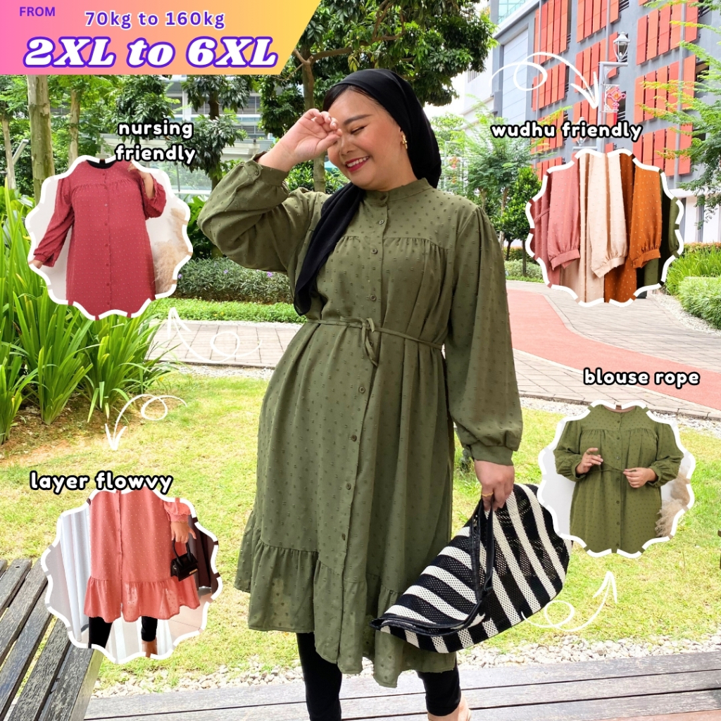 Plus Size (2XL-6XL) Embroidery Full Button Layer Long Blouse Muslimah ...