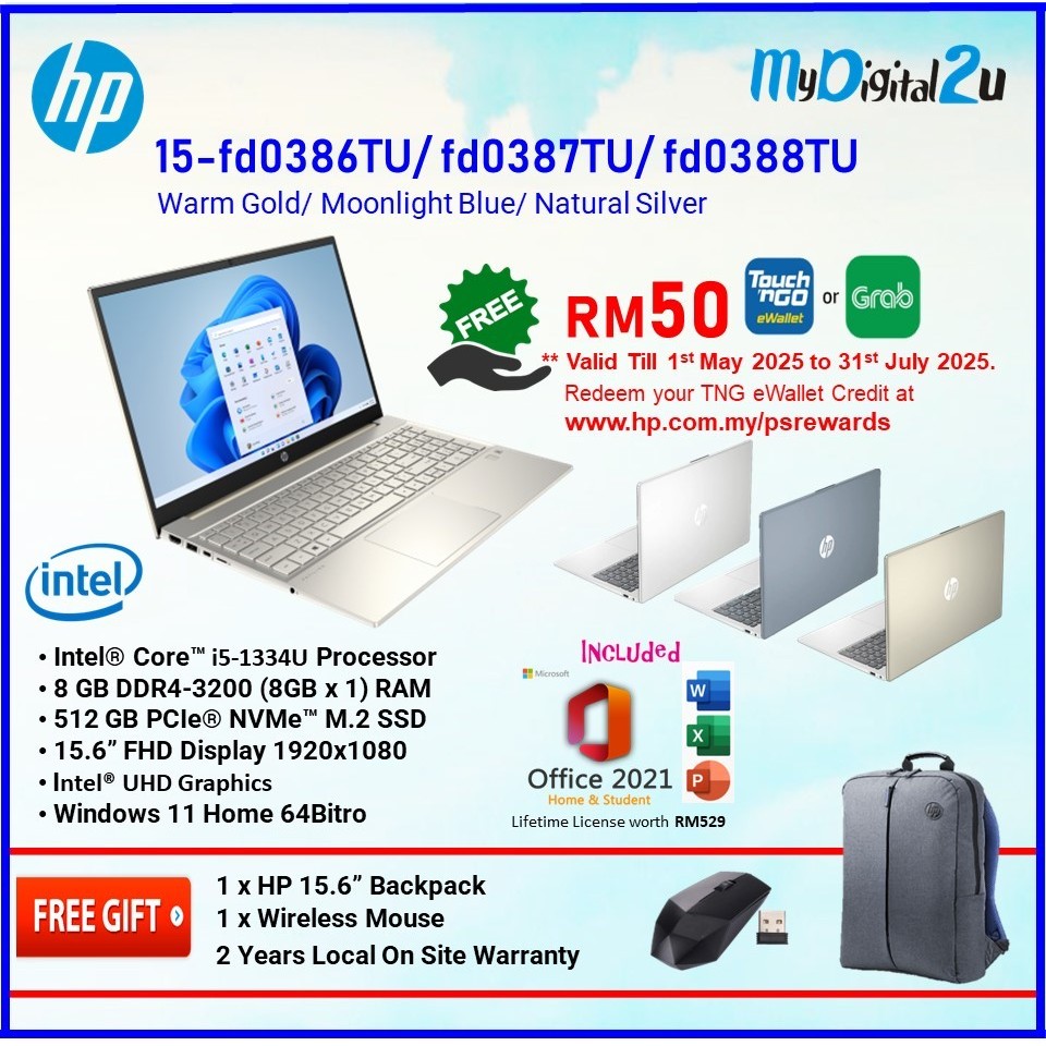 HP Laptop 15-fd0386TU- Gold/ 15-fd0387TU- Blue/ 15-fd0388TU - Silver ...