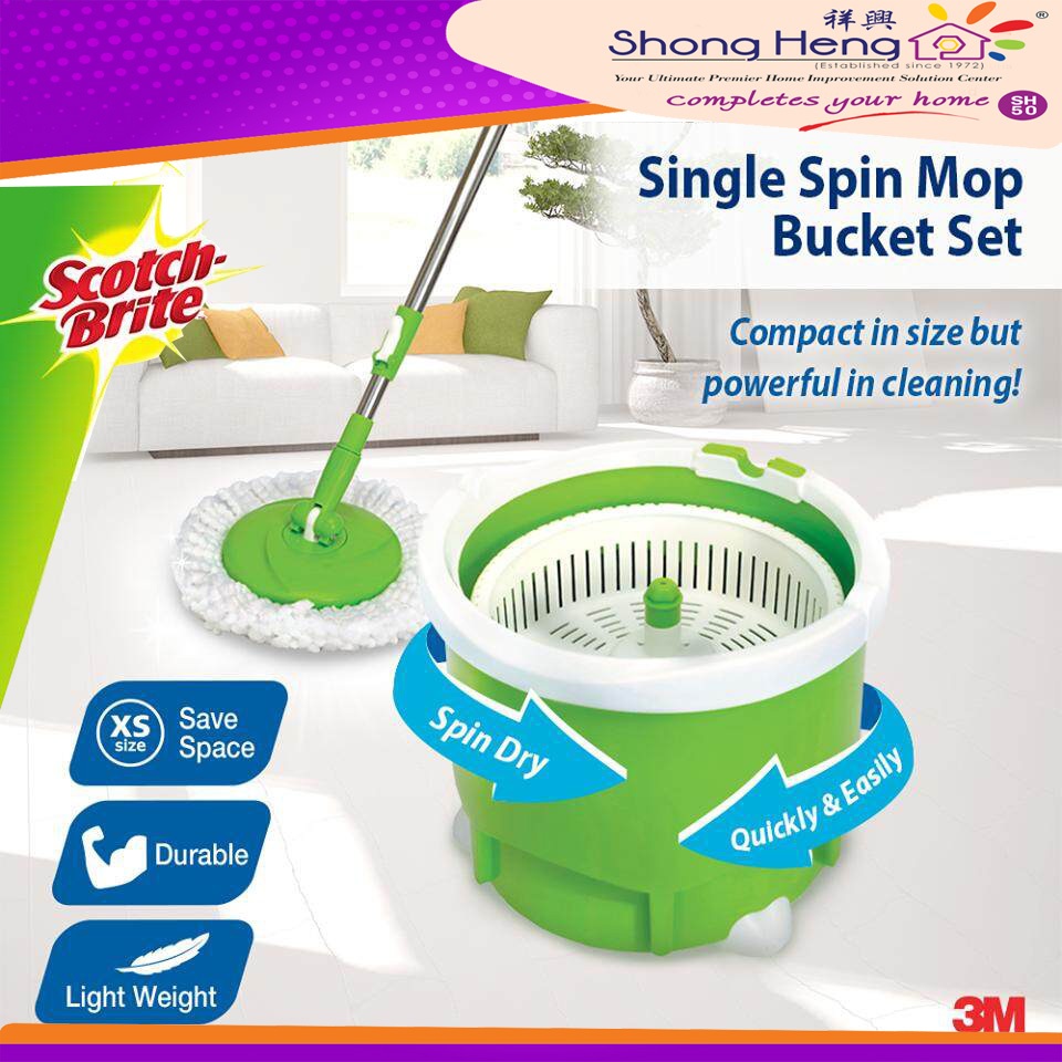3M Scotch Brite Single Spin Mop Bucket Set Compact + Free Mop Head ...