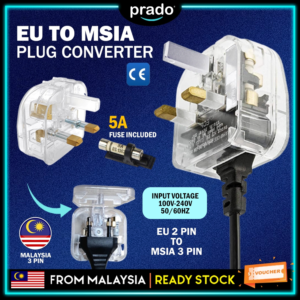 PRADO EU TO MSIA/UK FUSED EURO 2 Pin To 3 Pin Plug Converter Fits 5A ...