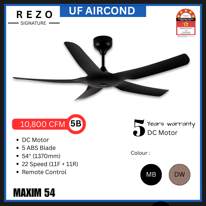 REZO CEILING FAN SIGNATURE SERIES MAXIM 54, DC MOTOR, 5 ABS BLADE, 54 ...
