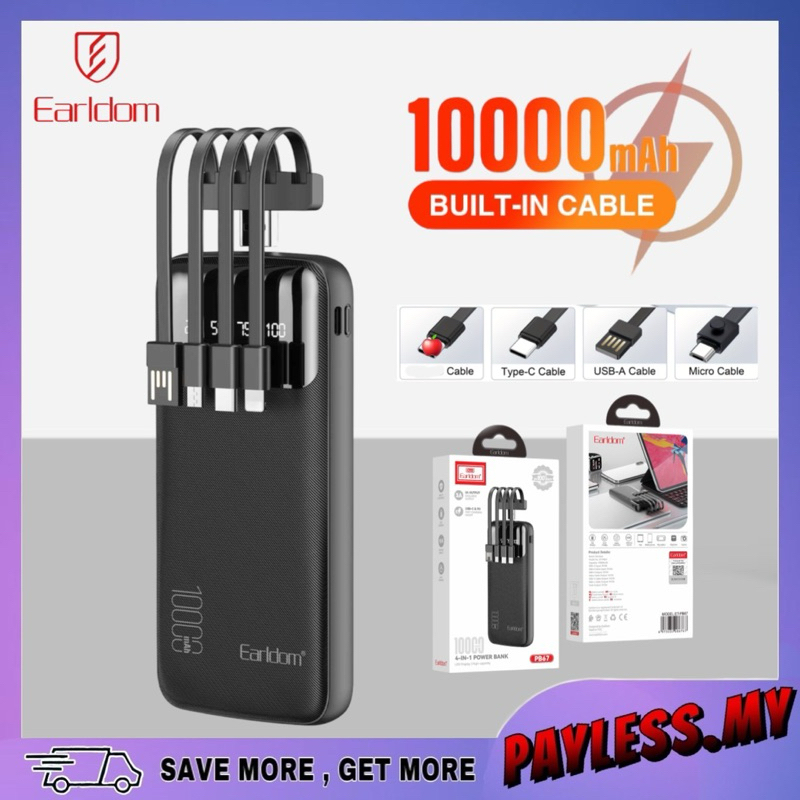 Earldom PB67 10000mAh Power Bank Built-in Cable iPh TypeC Micro USB ...