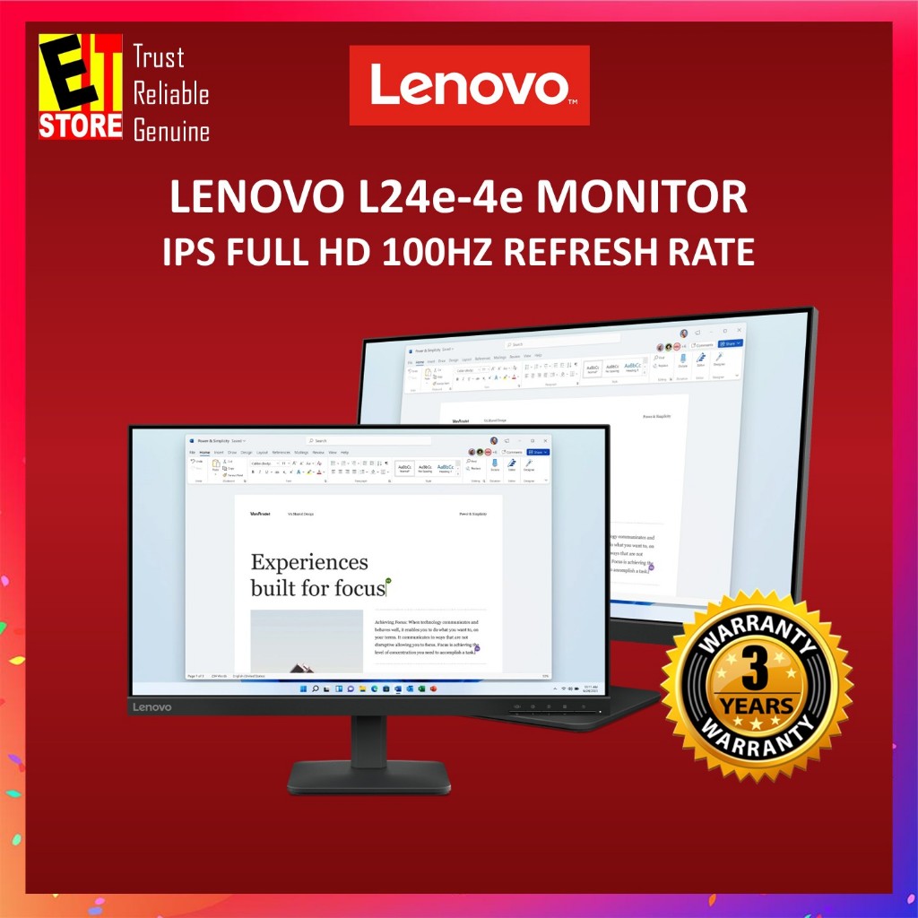 Lenovo L24-4E Monitor 23.8" WLED IPS PANEL, FHD 1920 x 1080 ,100Hz ...