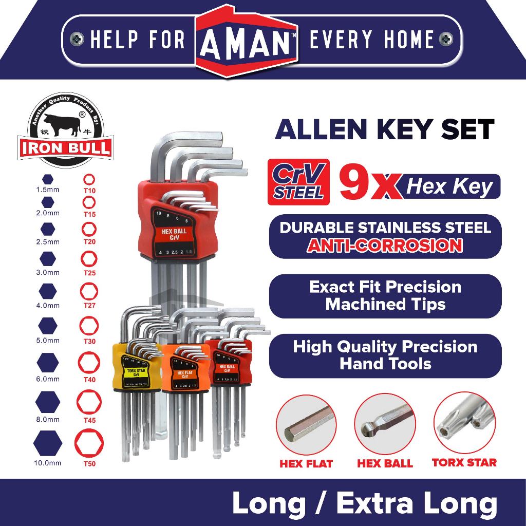 IRON BULL 9pcs CrV Allen Key Set Hex Key Hex Flat Hex Ball Torx Star ...