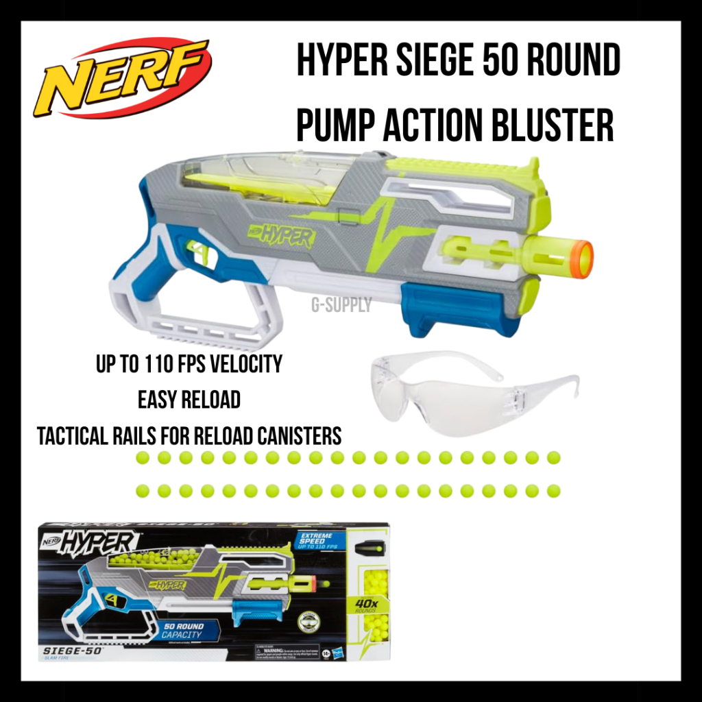 NERF Hyper Siege 50 Pump Action Blaster 40 Hyper Rounds Holds Up 50 ...