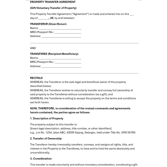 PROPERTY TRANSFER AGREEMENT EDITABLE SAMPLE DOCUMENT WORD FILES ...