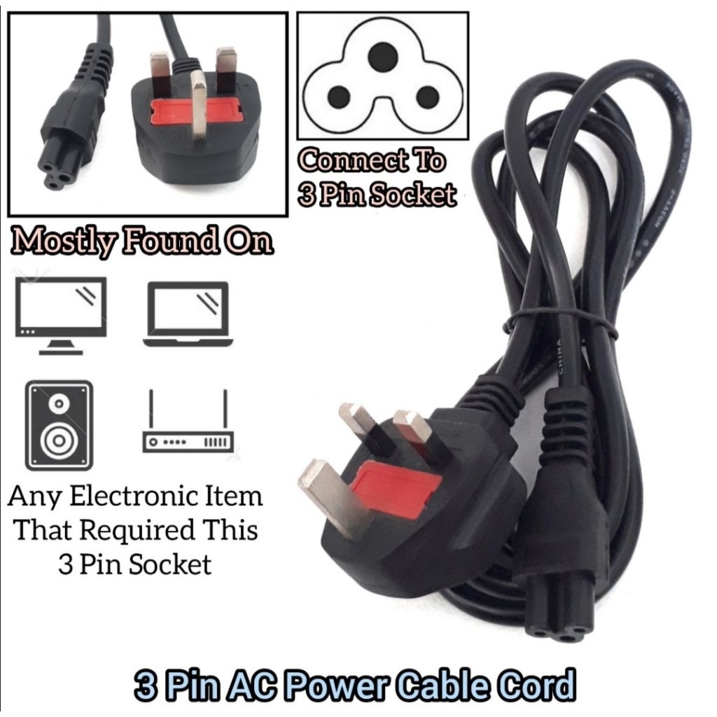 3 Pin AC Power Cable Cord For Electrical Appliances, Computer, Laptop ...