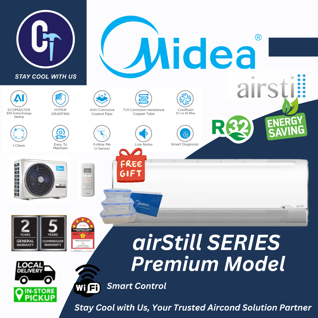 MIDEA R32 Premium 5Star Inverter Airstill / BreezelessE Series Wall Mounted Air Conditioner (1 ...