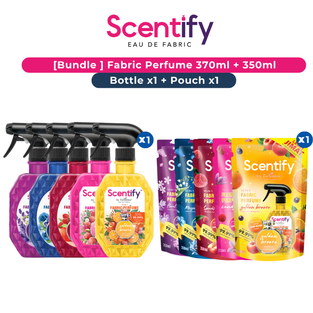 Scentify Eau De Fabric Perfume Bottle 370ml + Pouch 350ml Magical Clouds Sparkling Fruité Floral ...