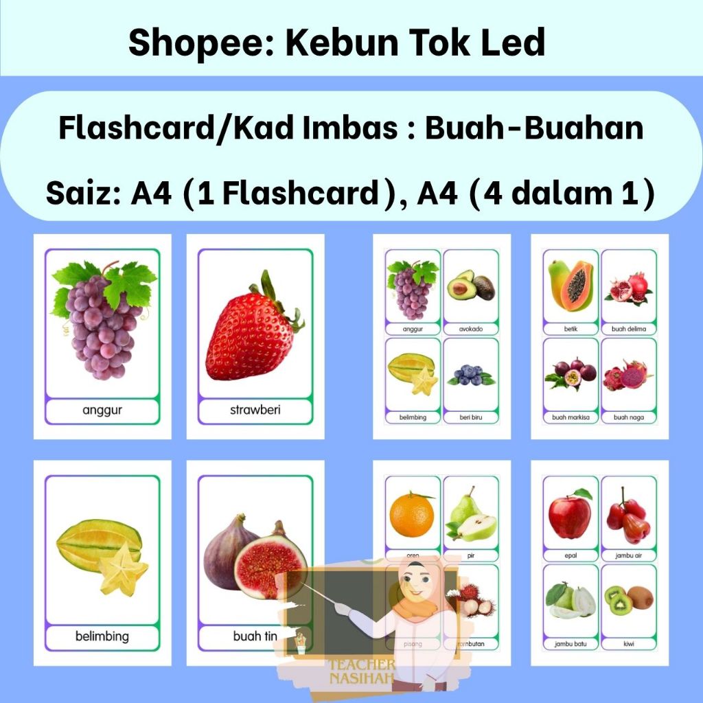 PDF: Flashcard | Kad Imbas | Bahasa Melayu | Tema Buah-Buahan | Ready to Print | A4 / A6 / 4 ...