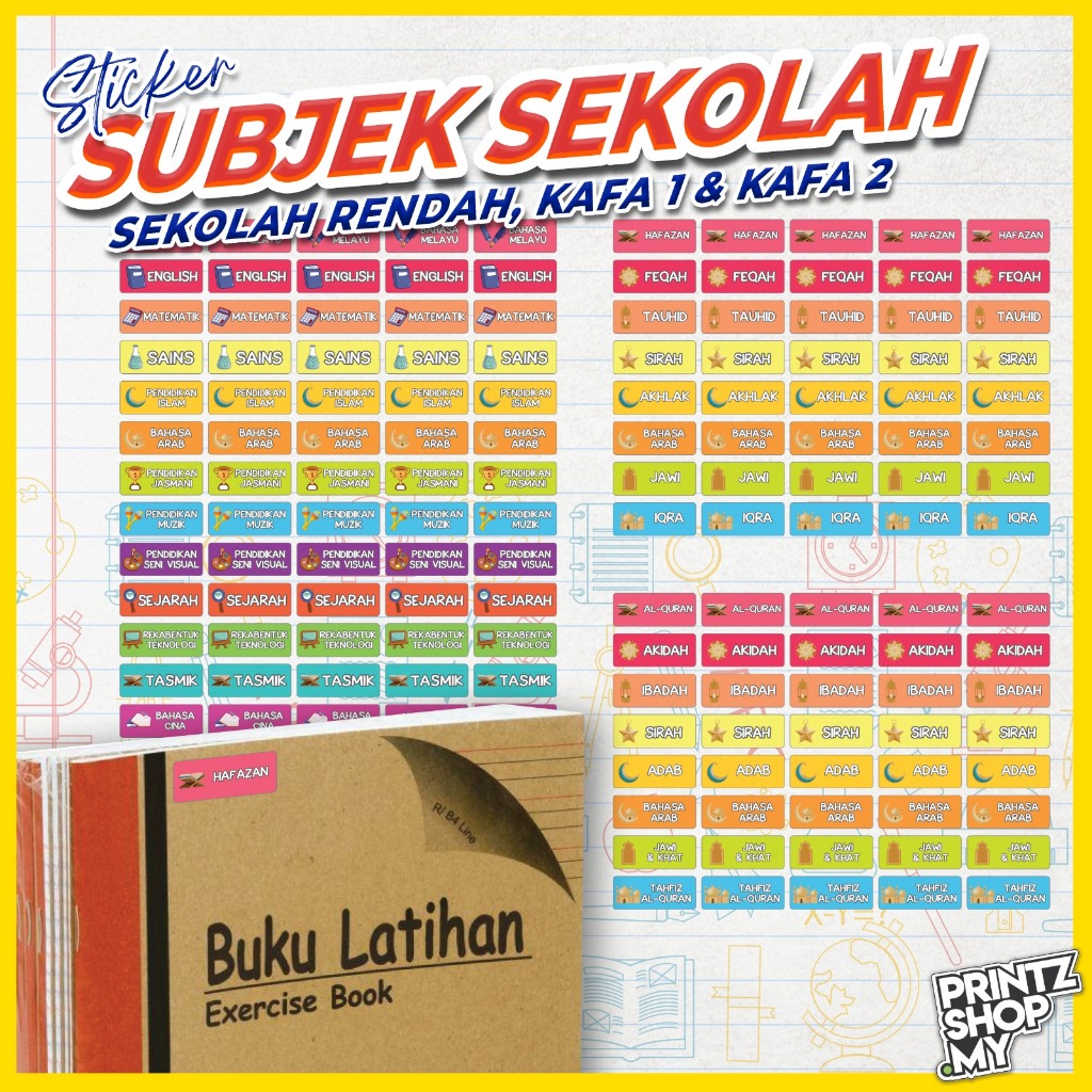 STICKER SUBJEK / Sticker Label untuk Buku Tulis Murid / Sekolah Rendah ...