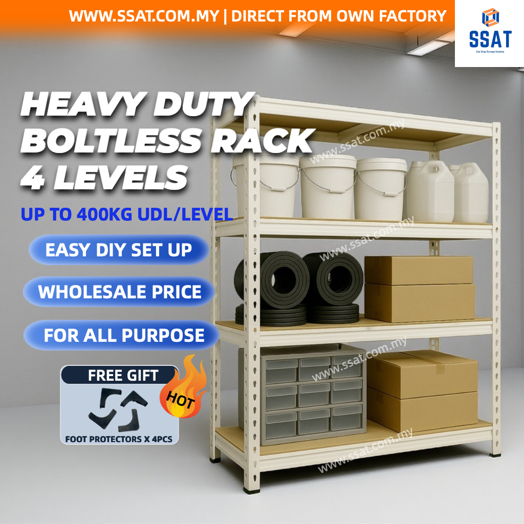 HEAVY DUTY BOLTLESS RACK 4 LEVELS, WAREHOUSE RACK, STORAGE RACK, RAK ...