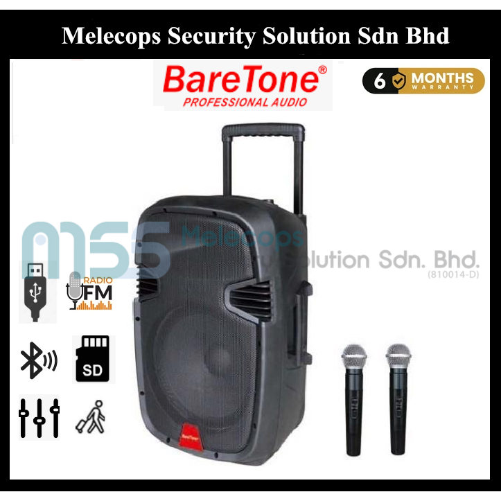 Baretone BT-3M1212BWR 12'' Portable Speaker With 2pcs Handheld Wireless ...