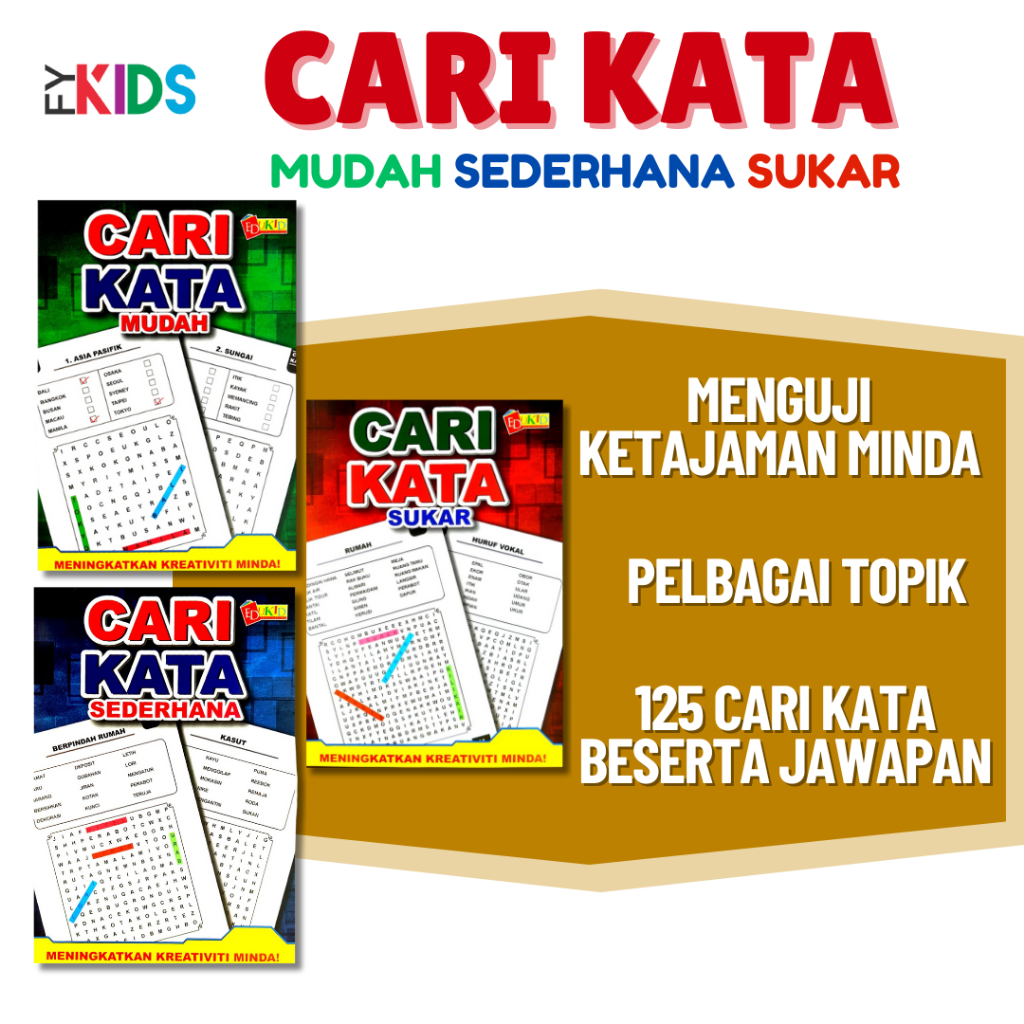 FYKIDS - CARI KATA 3 SET - MUDAH SEDERHANA SUKAR - 125 CARI KATA - saiz ...