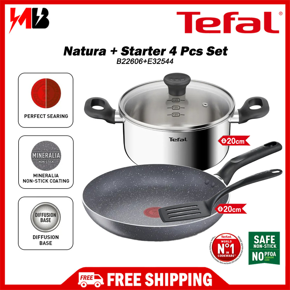 Tefal 4 Pcs Sets Starter Stainless Steel Stewpot 20cm + Natura Frypan 24cm Kuali Fry Pan ...