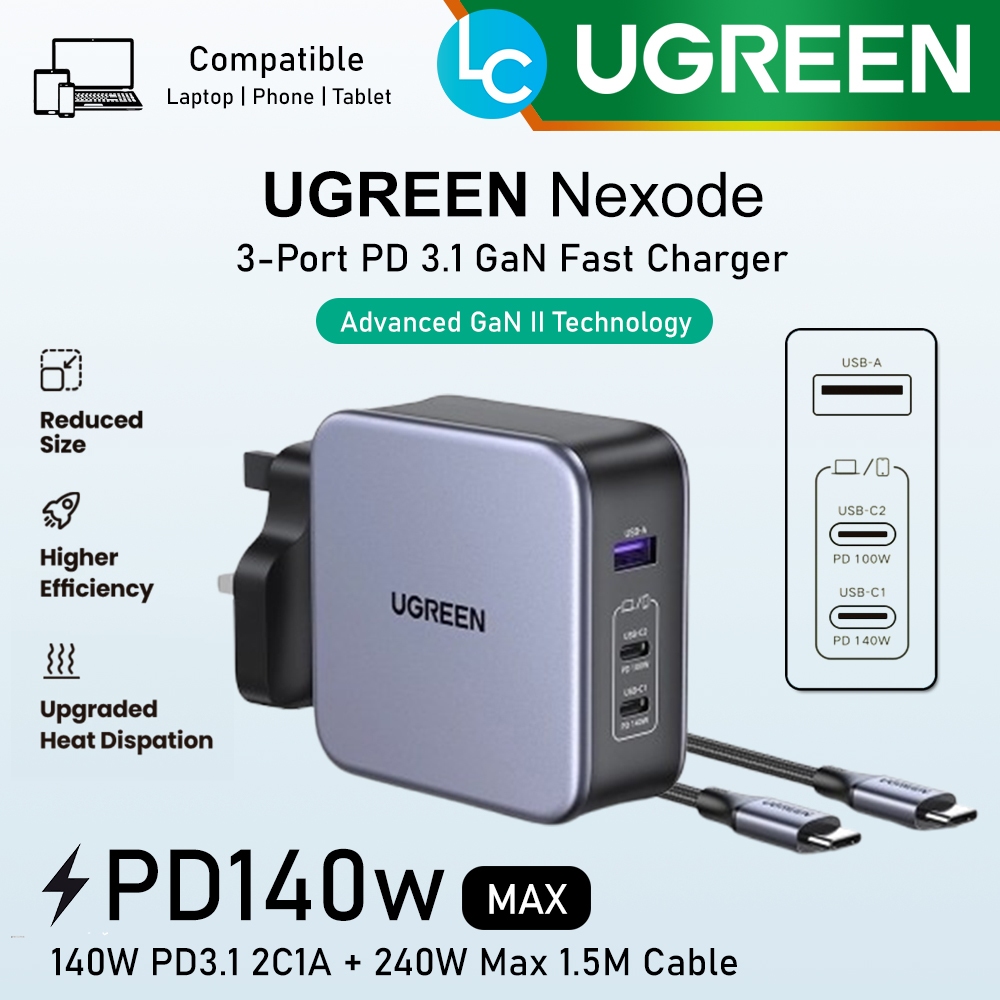UGREEN NEXODE 140W 3 Port (2C1A) GaN Fast Charger with USB-C to USB-C Cable for Phone Tablet ...