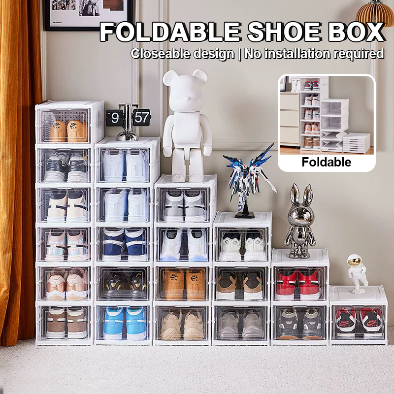 Set Kotak Kasut Boleh Lipat Kotak kasut telus transparan Kabinet rak ...