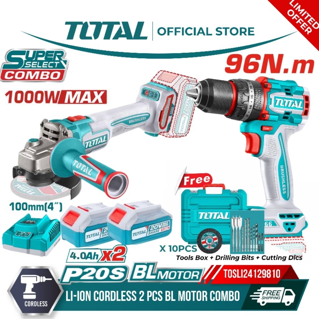 Total 2 pcs BL Motor Combo Li-ion Angle Grinder + Brushless Drill 60Nm ...