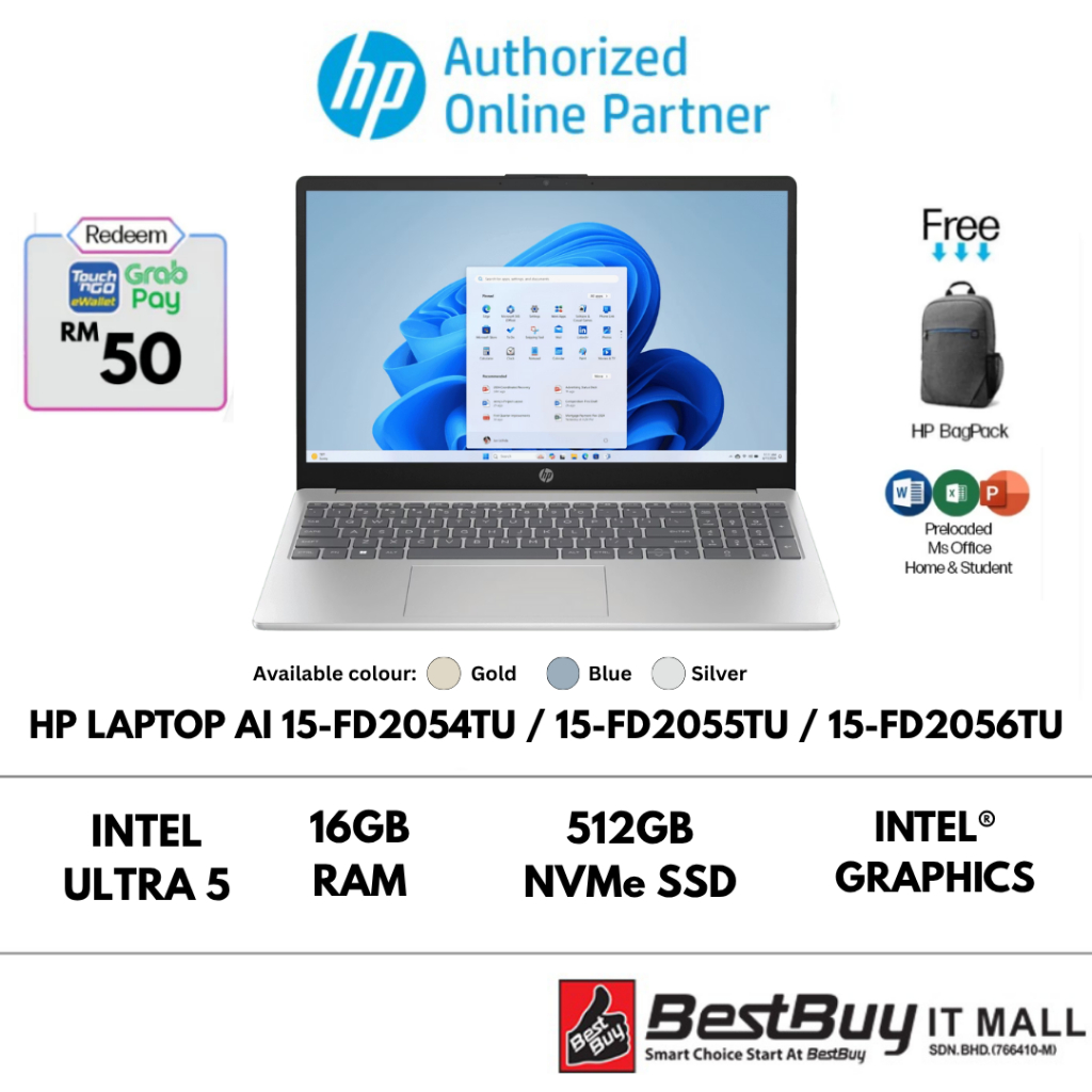 HP Laptop AI 15-fd2054TU / 15-fd2055TU / 15-fd2056TU (Ultra 5-225U (12C) 12 NPU TOPs / 16GB DDR5 ...