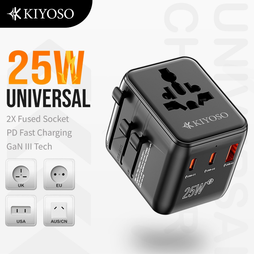 KIYOSO 25W Universal Travel Plug Adapter 2500W 2 Type-C Fast Charging 1 ...