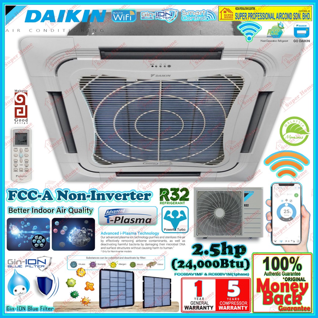Daikin Ceiling Cassette Air conditioner FCC60AV1MF 2.5hp R32 Non ...