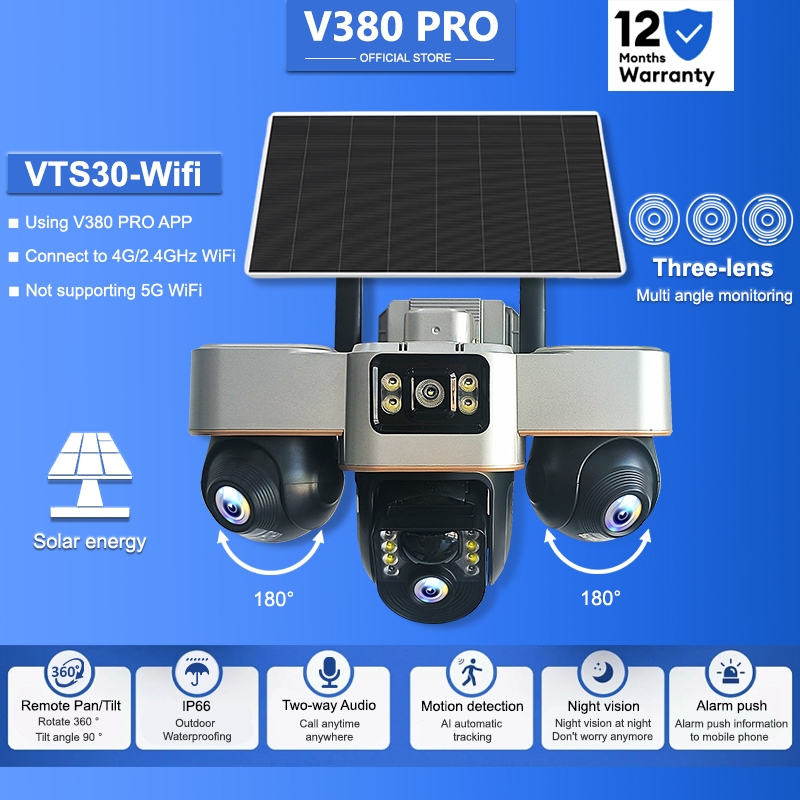 V380 Pro VTS30 Solar IP66 Wireless Outdoor waterproofing Three lens Wifi CCTV Camera Built-in ...