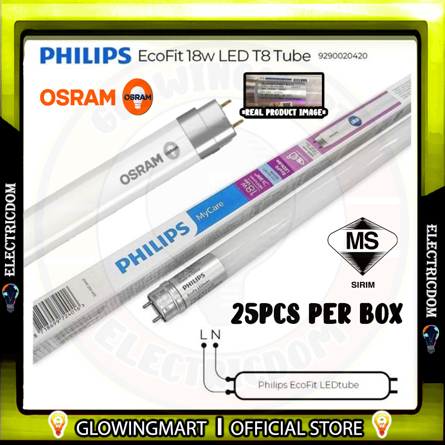 Philips EcoFit / Osram T8 18W LED Tube 4ft Lampu LED Panjang Lampu Kalimantang Siling Bright ...