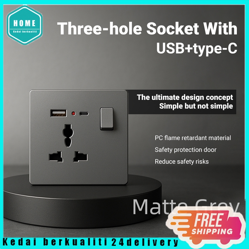 13A Switch Socket Outlet 【USB + TYPE C】 USB Power Wall Plug Socket ...